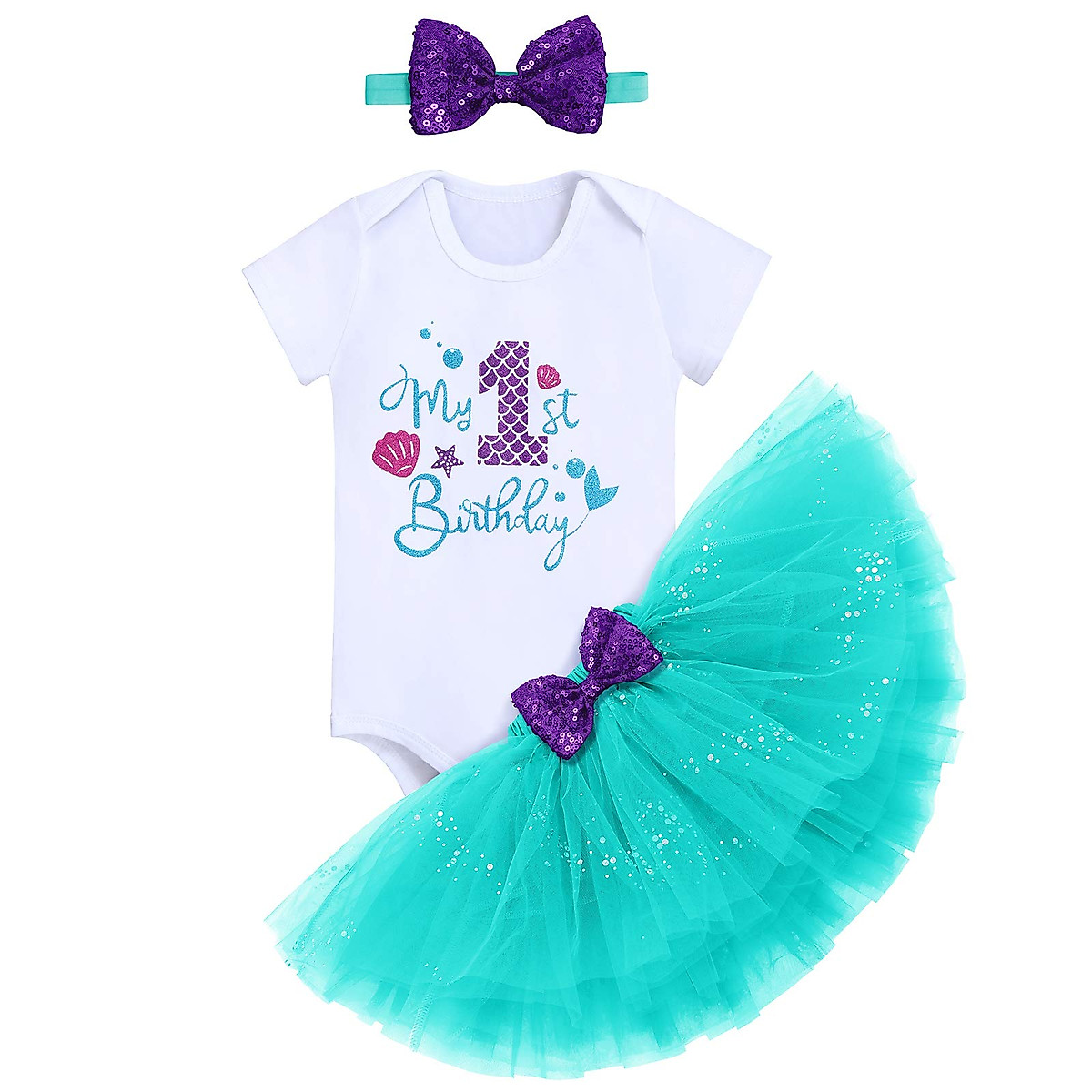 Mermaid 1st Birthday Outfit Baby Girl My First Birthday Cake Smash Photo Shoot Romper Little Shiny Mini Tutu Skirt Headband Wild One Year Old Summer Nautical Ocean Themed Birthday Party Supplies Green