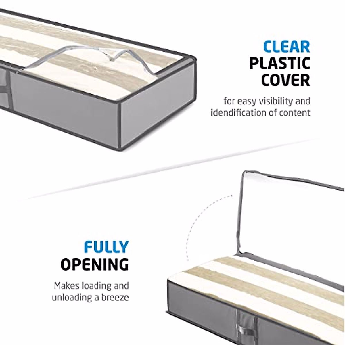 Zober Under Bed Storage - Pack of 2 Under Bed Storage Containers for Clothes, Blankets, Winter Clothing, & Shoes - Under The Bed Storage with Handles, Dual Zippers, & Clear Top (Gray)