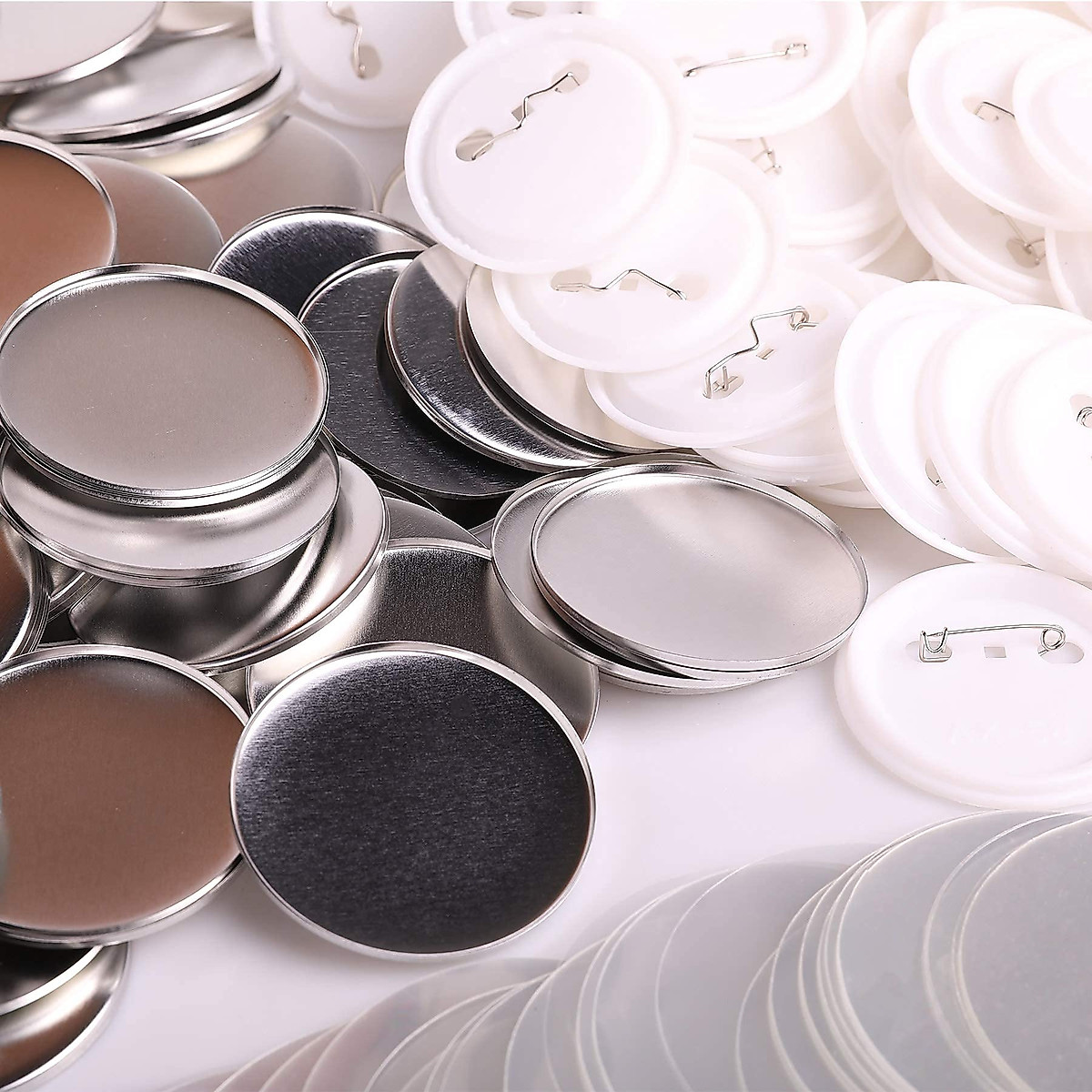 CREWORKS 100 Sets 2.25 inch/58mm Blank Button Badge for Button Making Machine, Button Maker Supplies Round Badge Button Press Refill, Includes Metal Shells & Clear Mylar & Plastic Base