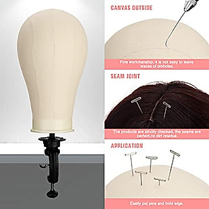 22 Inch Canvas Block Head Mannequin Wig Head (White), Wig Stand Tripod with Head, Mannequin Head Wig Display Styling Head With Mount Hole, Manikin Canvas Head Block Set for Wigs Making Display with Wig Caps, T Pins C Pins Set Bristle Brush