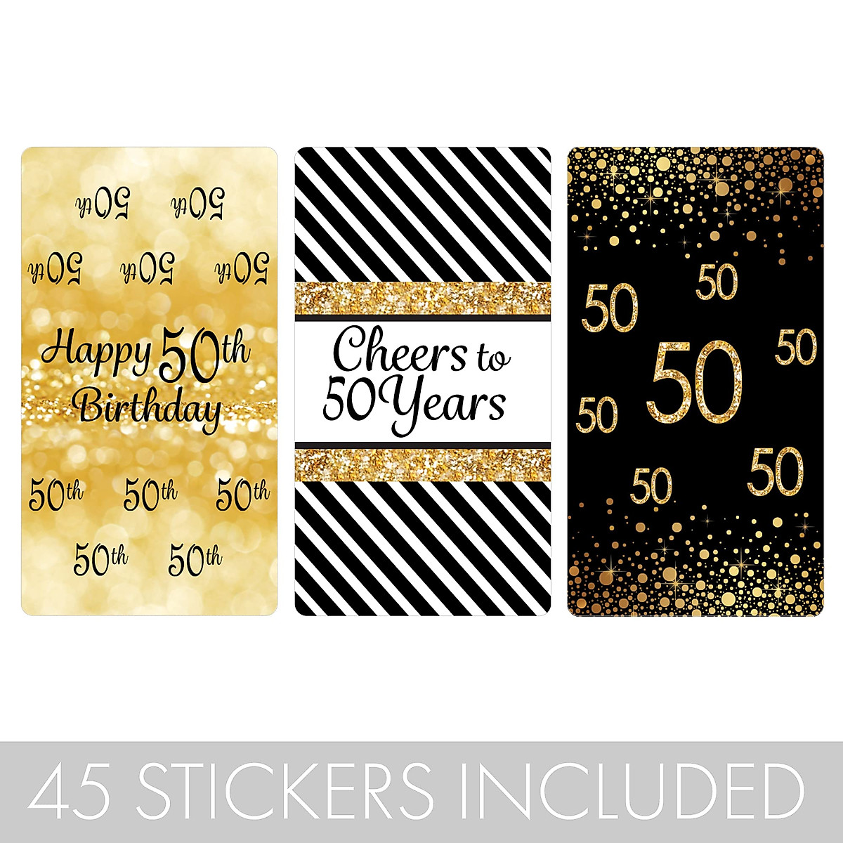 DISTINCTIVS Black and Gold 50th Birthday Party Mini Candy Bar Wrappers - 45 Stickers