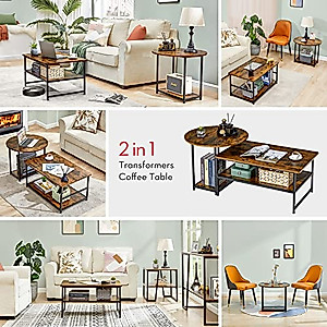 WOHOMO Coffee Table, 2 in 1 Unique Detachable Nesting Coffee Table Set of 2, Small Round and Rectangular Living Room Table Set, Industrial Modern Style Coffee Tables for Living Room, Rustic Brown