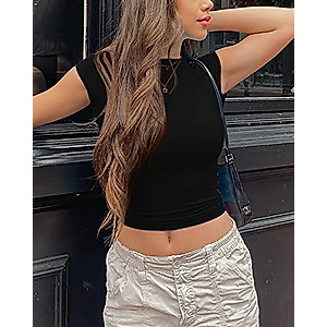 UPCPY Women’s Sexy Backless T-Shirts Y2K Crop Top Casual Short Sleeve Cute Clothes Summer Black L