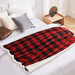 Touchat Sherpa Red and Black Buffalo Plaid Christmas Throw Blanket, Fuzzy Fluffy Soft Cozy Blanket, Fleece Flannel Plush Microfiber Blanket for Couch Bed Sofa (60" X 70")