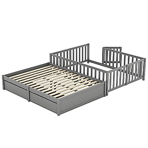 Harper & Bright Designs Kids Full Size Bed with Storage Drawers and Rails Fence, Wood Daybed Frame Montessori Bed for Girls Boys, Can Split into Independent Floor Bed & Daybed, Gray