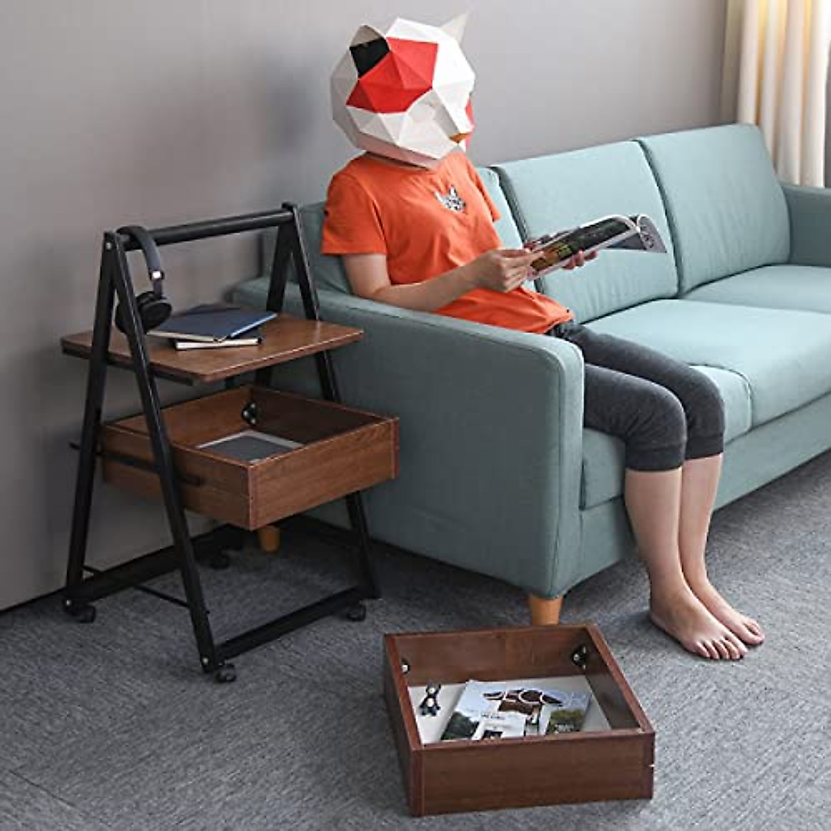 Gdrasuya10 3 Tier Retro End Table Side Table, 2 Adjustable Drawers Nightstand with Storage Shelf Wood Sofa Bedside Table with Rolling Casters for Bedroom