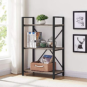 BON AUGURE Small 3 Tier Bookshelf, Rustic Industrial Book Shelf, Short Wood Metal Standing Etagere Bookcase for Living Room, Bedroom and Office (Dark Gray Oak)