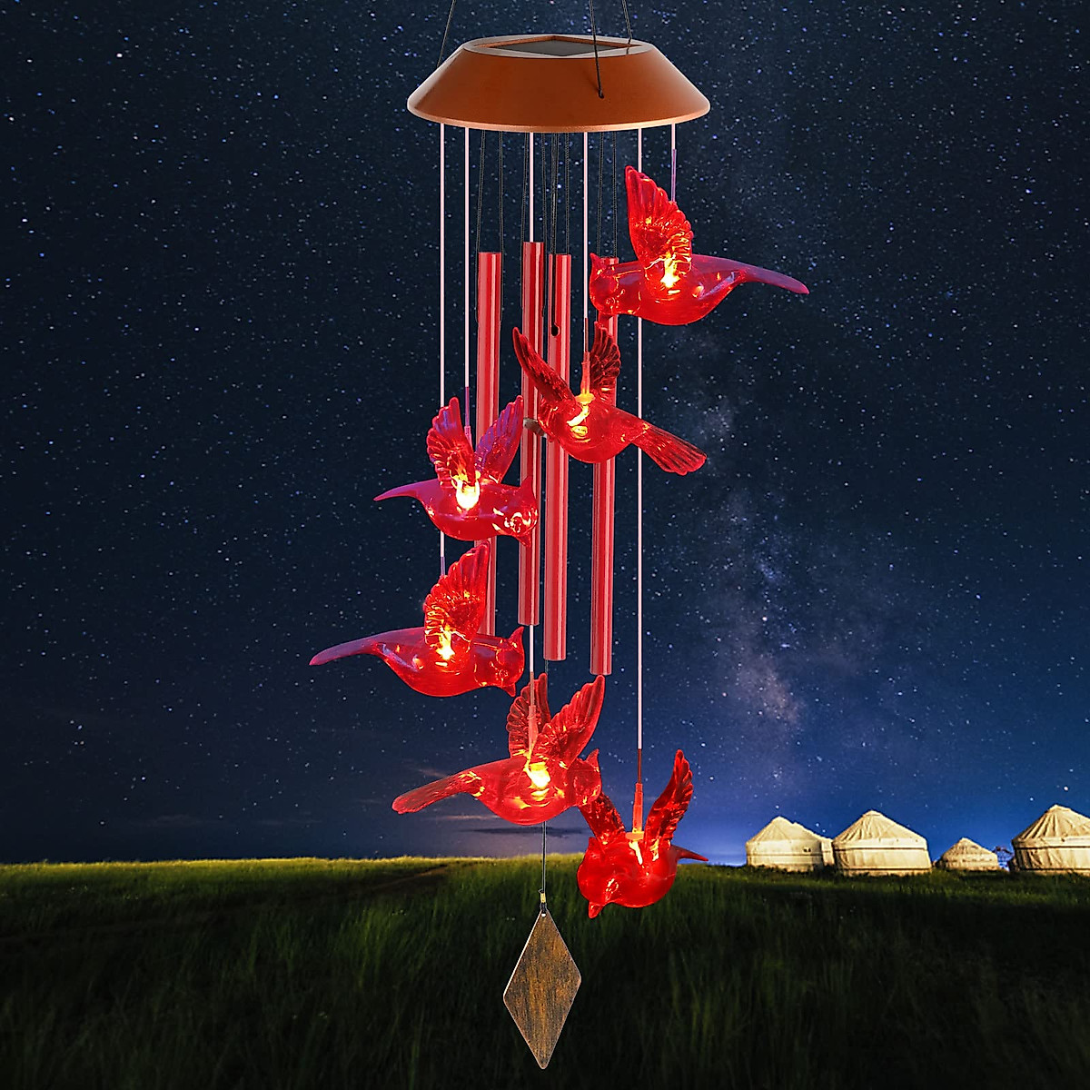 Cardinal Bird Solar windchimes Outdoor, Garden Christmas Lights,red Bird Garden Decor,Father Gift, Mother Gift, Mothers Day for Grandma,Sister Gifts,Gardening Gifts for Women,Friend Birthday Gift