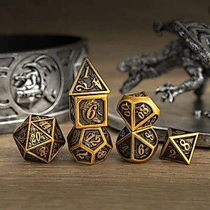 HYMGHO Polyhedral Metal DND Dice Set with Metal Box, 7-die Engraved Dragon Design with Dragon Scales RPG dice, Dungeons and Dragons Pathfinder Shadowrun D&D Role Palying Game(Ancient Gold)
