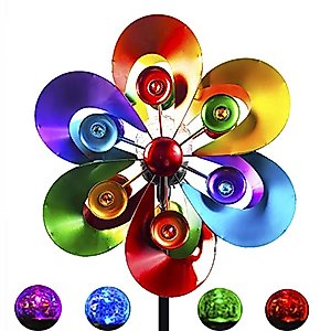 Solar Wind Spinner,Garden Wind Catcher Wind Mills, Solar Powered RGB Color Changing LED with Glass Ball, 60Inch Outdoor Metal Patio Aculptures Dual Direction Decorative Lawn Ornament Wind Mill