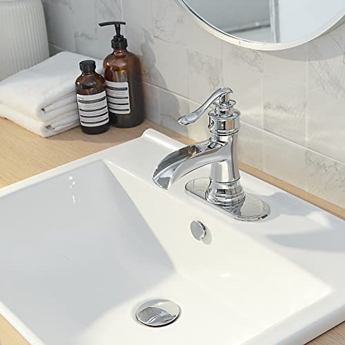 BATHLAVISH Bathroom Sink Faucet Chrome, Waterfall Bathroom Faucet, Single Hole Bathroom Faucet, Farmhouse Single Handle Vanity RV Lavatory with Pop Up Drain with Overflow