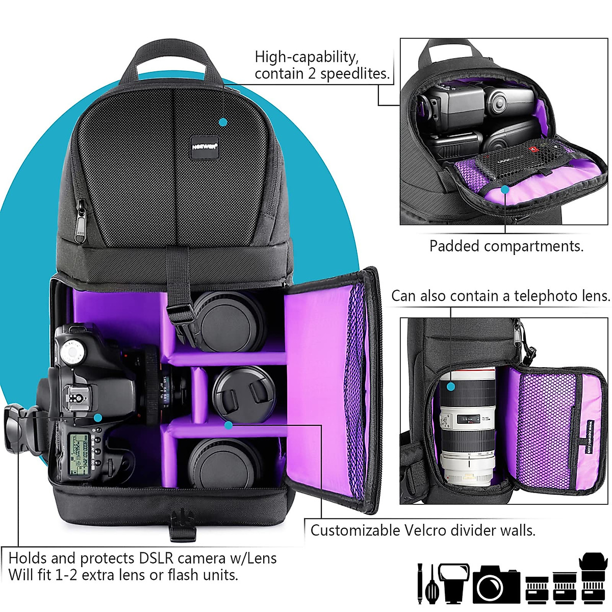 Neewer Professional Camera Storage Bag Sling Carrying Case Black Waterproof and Tear Resistant for DSLR Camera, Lens and Accessories (Purple Interior)