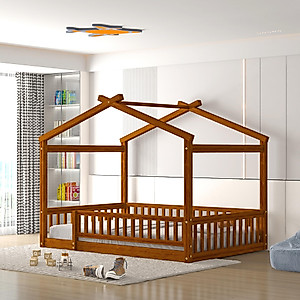 BestLM Full Size Wooden House Bed for Kids, Wood Platform Bed Frame with Fence, Roof, and Safety Guardrail for Kids, Teens, Girls, Boys, Walnut