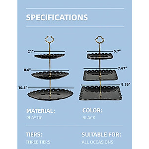 RAUVOLFIA 2 Pack of Large Round & Square Dessert Cupcake Stand, 3 Tier Cup Cake Holder Tower for Tea Party/Birthday/Wedding, Plastic Tiered Serving Tray (Black)