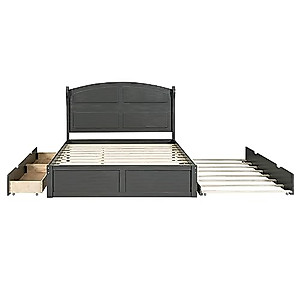 BIADNBZ Queen Size Platform Bed with Twin Trundle and 2 Drawers Underneath, Wooden Bedframe with Headboard, for Bedroom, Antique Gray