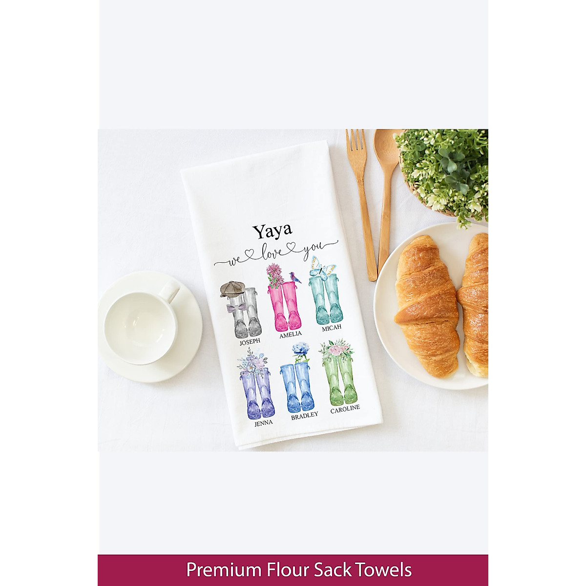 The Pine Trove Custom Yaya Gifts from Grandkids, Personalized Yaya Tea Towel, Boots Design (Off-White, 100% Flour Sack Cotton, 28x30 inch)