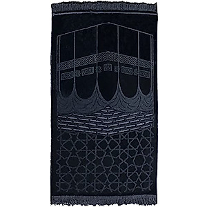 Modefa Islamic Prayer Rug - Soft Beautiful Turkish Prayer Mat for Men & Women - Solid Janamaz Sajada Carpet - Ramadan or Eid Gift - with Prayer Beads Tesbih and Kufi Cap- Luxury Velvet (KB Black)