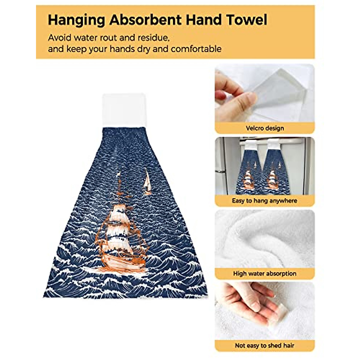 Nautical Adventure Ship Ocean Sailboat Hanging Kitchen Towels Soft Absorbent Hand Tie Towels Set with Hook&Loop,Rough Sea Waters Seascape Tea Bar Dish Cloths Towel for Bathroom Laundry Room BBQ,1pc