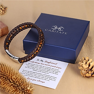 CARITATE To My Boyfriend Tiger Eye Leather Bracelets For Men, Mens Braided Beaded Bracelets Jewelry Birthday Anniversary Valentines Day Gifts For Him Boyfriend, Cool Men Jewelry Gifts For Men/BF