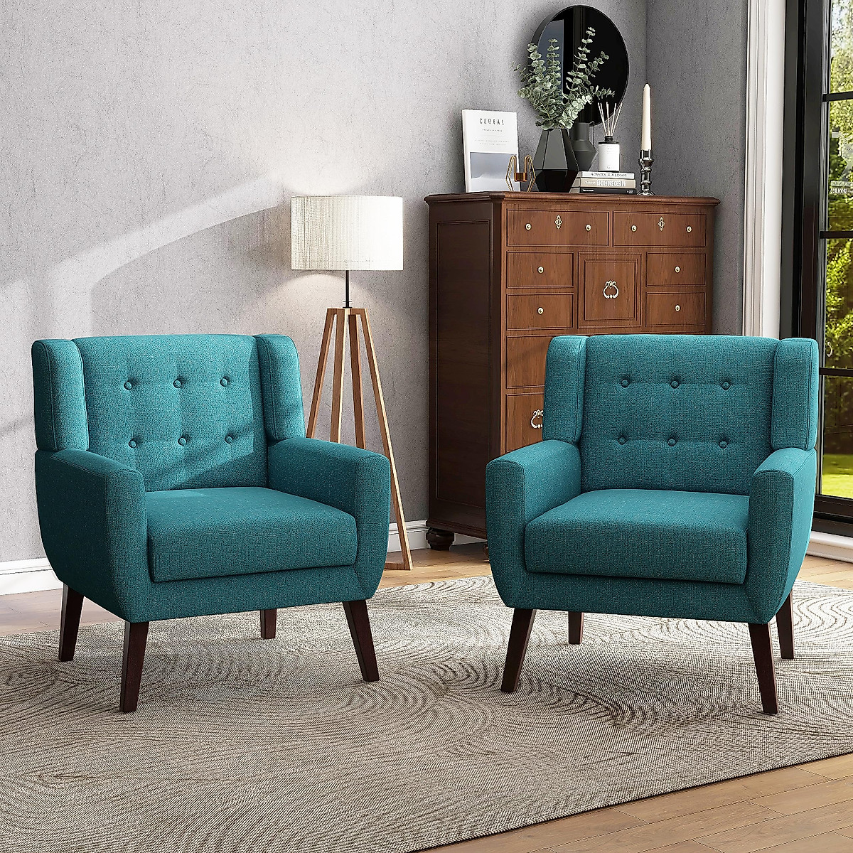 UIXE Accent Chairs Set of 2, Modern Living Room Arm Chair Button Tufted Armchair, Comfy Upholstered Club Lounge Sofa Seat Reading Chair Bedroom Side Seating for Home Office (Turquoise Blue)