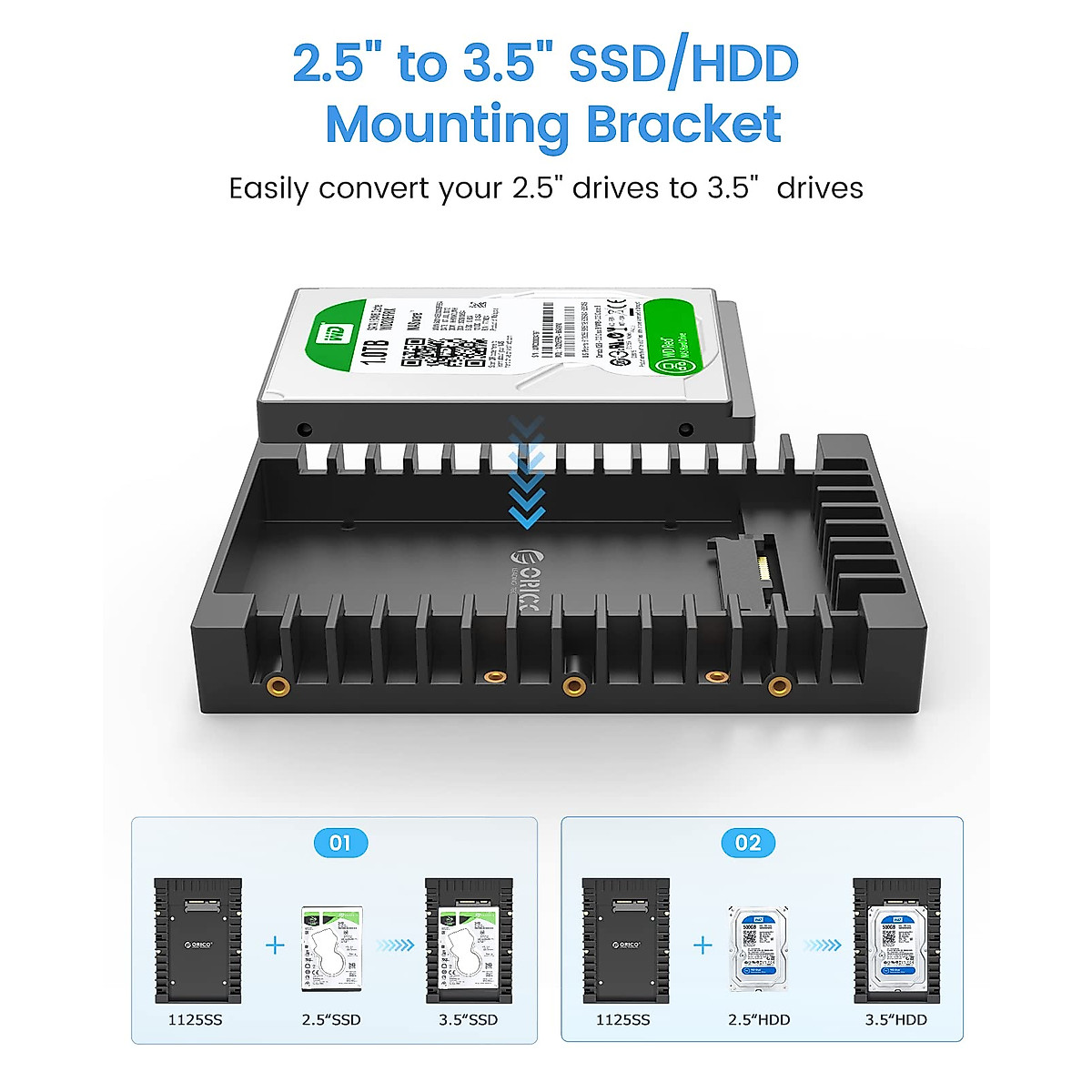 [5Packs] ORICO 2.5 SSD SATA to 3.5 Hard Drive Adapter Internal Drive Bay Converter Mounting Bracket Caddy Tray for 7 / 9.5 / 12.5mm 2.5 inch HDD / SSD with SATA III Interface(1125SS-5)