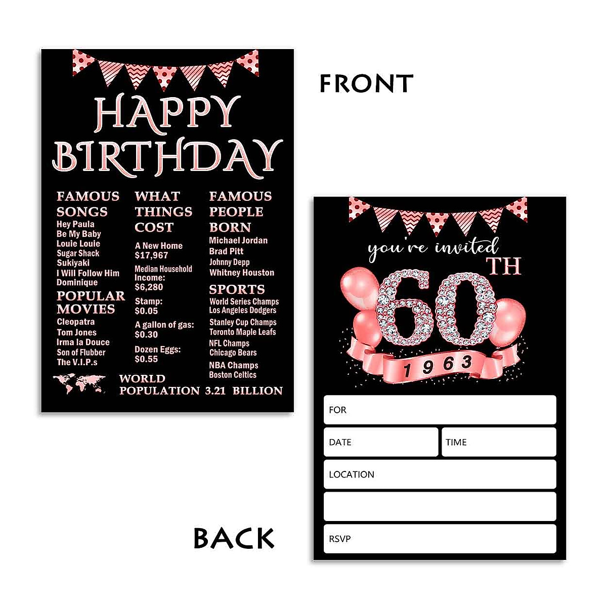 QZCYU 60th Birthday Invitations with Envelopes For Woman, 60th Birthday Party Invitations, Black & Rose Gold Adult Birthday Invitations - Set of 20