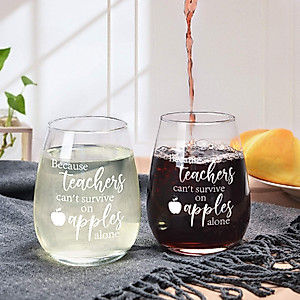 Futtumy Teacher Gifts, Because Teachers Can't Survive On Apples Alone Stemless Wine Glass for Teacher Women Thank You Appreciation Gift Birthday Christmas Thanksgiving, Funny Teacher Wine Glass 15 Oz
