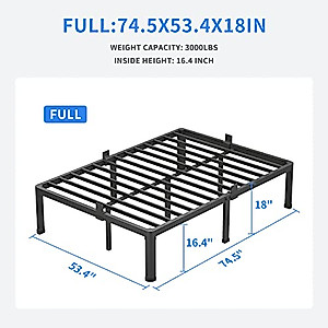 MAF 18 Inch Full Size Bed Frame with Round Corner Legs Mattress Slide Stopper No Box Spring Needed Heavy Duty Metal Platform Bed Frames Under-Bed Storage Space, 3000 LBS Steel Slats Support
