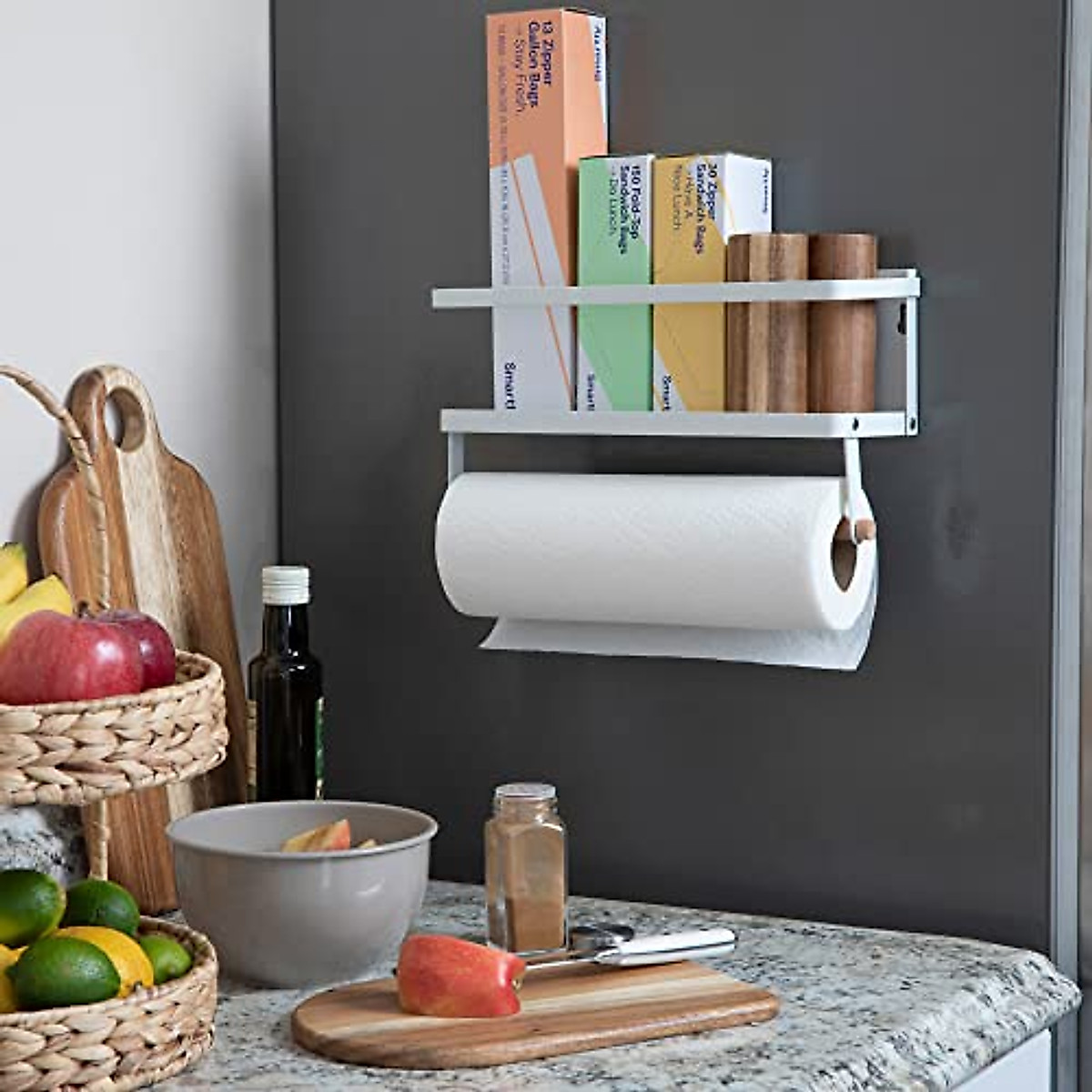 Household Essentials Metal Magnetic Spice Rack with Paper Towel Holder, White