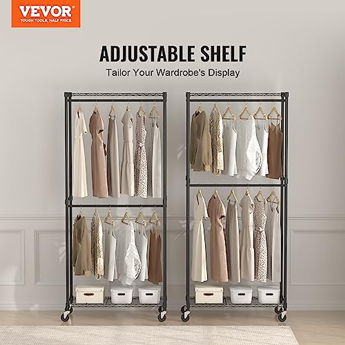 VEVOR Heavy Duty Clothes Rack, Double Hanging Rods Clothing Garment Rack with Bottom and Top Storage Tier, Rolling Clothing Rack for Hanging Clothes, 1'' Diameter Thicken Steel Tube Hold Up to 300Lbs
