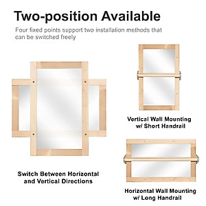 KRAND Baby Montessori Wooden Frame Non-Shatter Safety Mirror w/ 2 Pull Up Bars, Infant Coordination Small Mirror for 6-18 Months (Natural)