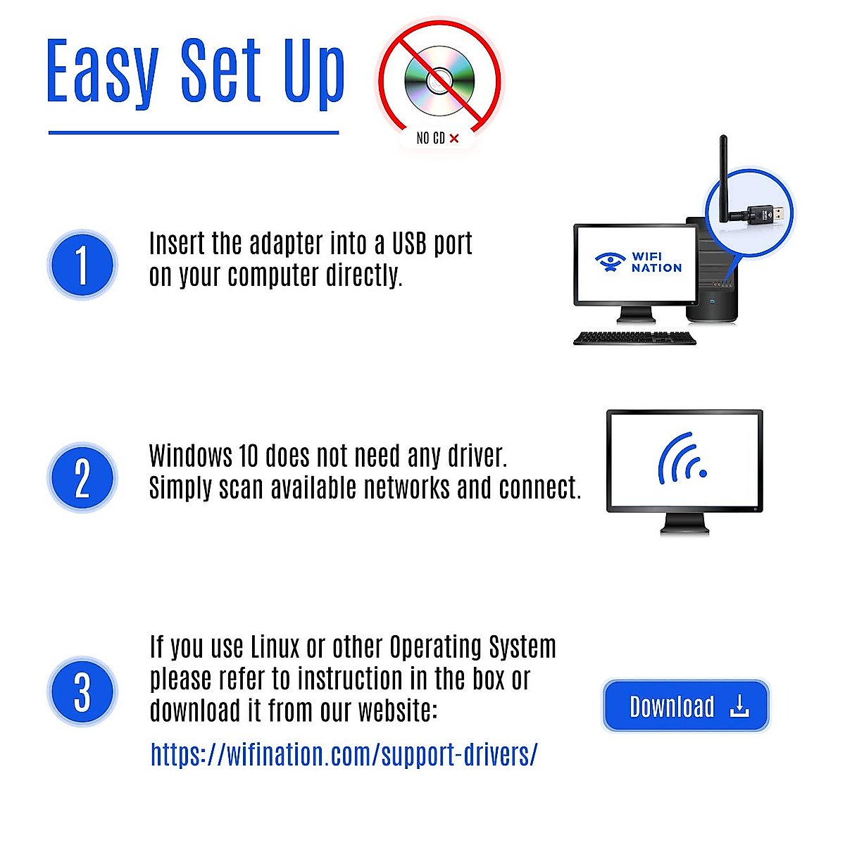 WiFi Nation® 802.11ac AC600 Fast USB WiFi Adapter, Wireless dongle with 2dBi dipole SMA Antenna, chipset: Realtek RTL8811AU, Dual Band 2.4GHz or 5GHz, Windows, MacOS and Linux Supported