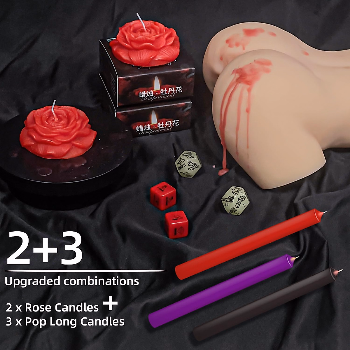 Red Rose Flower Scented Candle Set of 5, 2 Rose Shapes + 3 Long Low Temperature Candles, Romantic Ambiance Wax Play Candles for Date Night Romantic Wax Play Couple Wedding Anniversary Candles