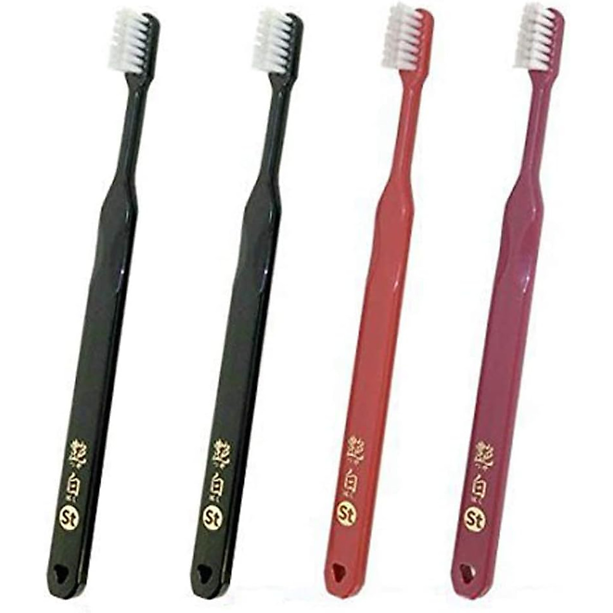 艶白 Soft Compact Toothbrush for Adults & Teenagers, Slim Head End Rounded BPA Free Bristles, Made in Japan, Pack of 4, Assorted