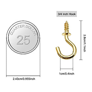 LANSEYQO Mini Ceiling Screw Hooks, 50 Pcs (3/4 inch) Hanging Cup Hooks Brass Plated Screw-in Hooks for Hanging Plants Mug Arts Decorations, Gold