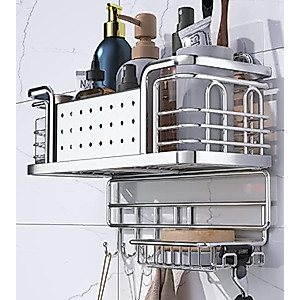 LIVOD Adhesive Shower Caddy with Soap Holder, Stainless Steel Shower Organizer with Hook, Wall Mount Rustproof Shower Shelf for Inside Shower, Polished SS