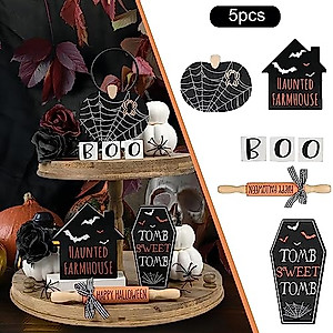 5Pcs Halloween Tiered Tray Decor Set Happy Halloween Boo Wooden Signs Cute Tomb Haunted House Rolling Pins Spiderweb Halloween Decor