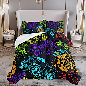QOOMO Truck Comforter Set for Kids Teens Boys,Neon Truck Kids Comforter,1 Comforter with 2 Pillowcase, Microfiber 3 Piece Bedding Set,Soft and Lightweight(Black，Twin Size)