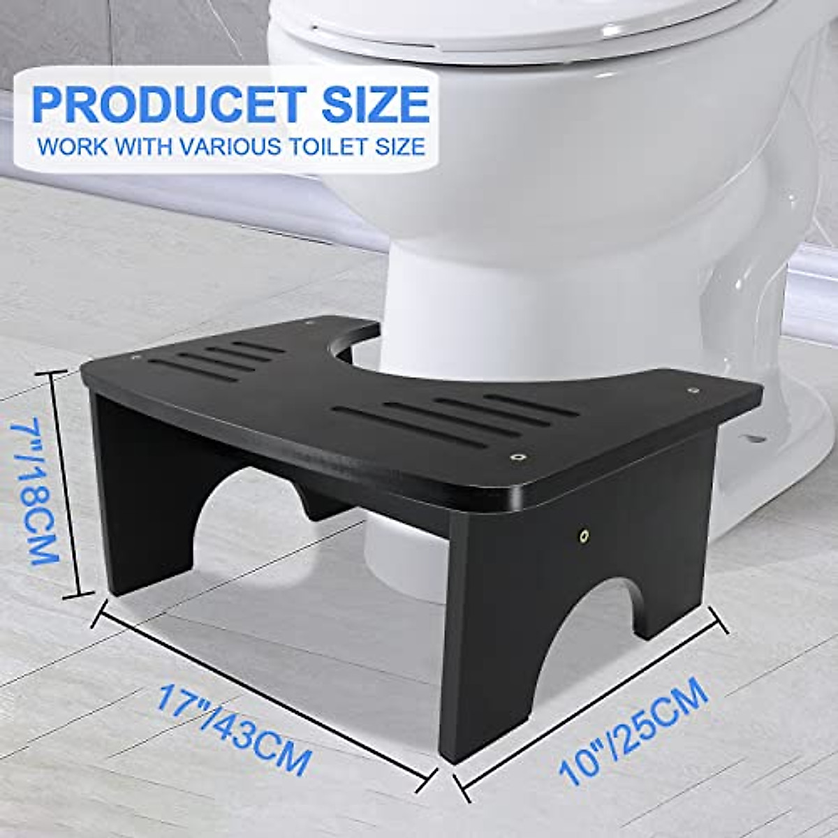 Bamboo Toilet Potty Stool for Adults, 7" Squatting Toilet Poop Stool, Bathroom Toilet Stool with Non-Slip Mat, Halloween Original Simple Design Toilet Step Stool Healthy Gifts for Kids Seniors. Black