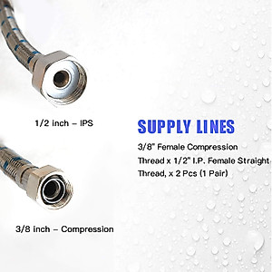 BWE 24" Length Faucet Connector, Braided Stainless Steel - 3/8" Female Compression Thread x 1/2" I.P. Female Straight Thread, x 2 Pcs (1 Pair)