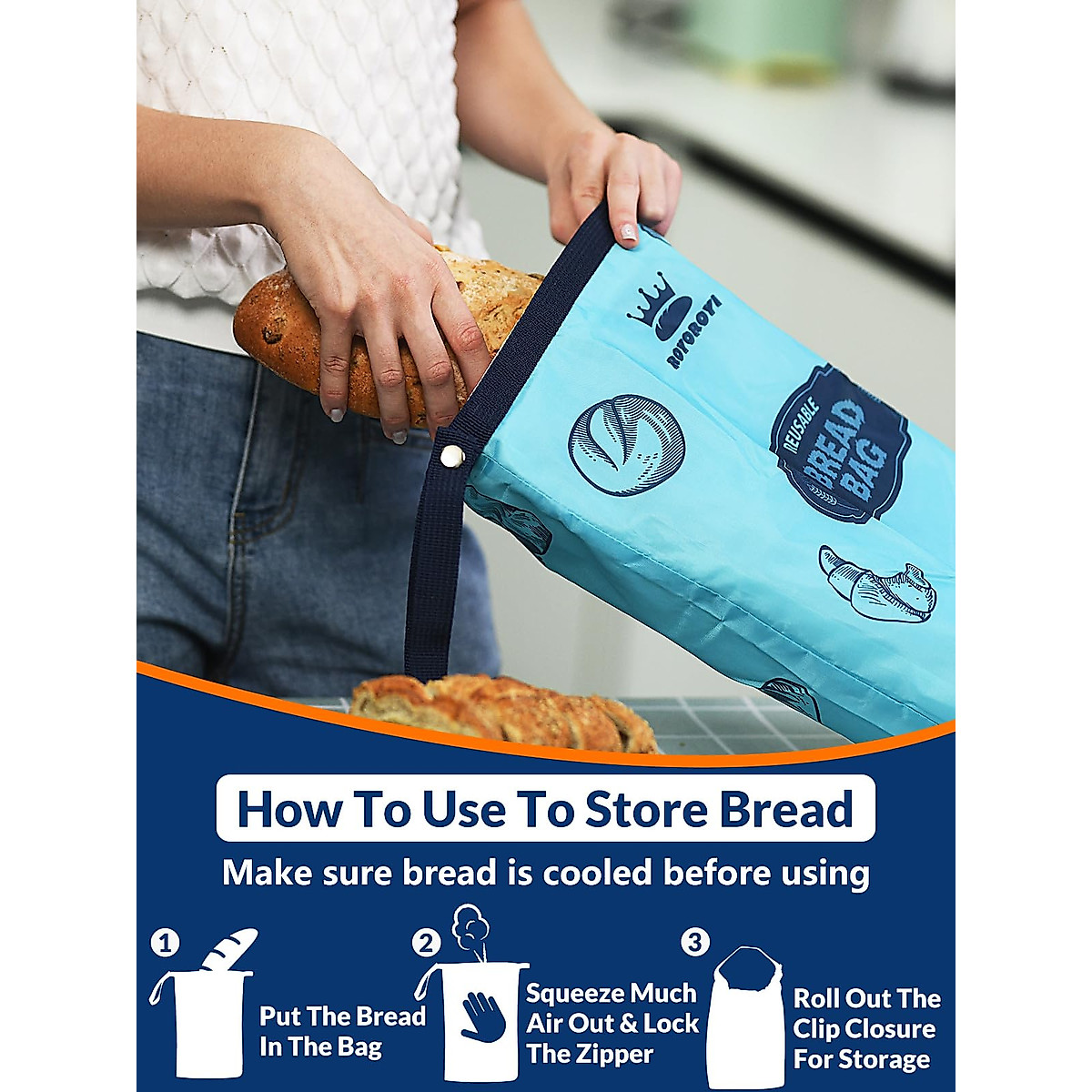 Royoroyi Bread Bags for Homemade Bread,2 Packs Reusable Bread Bag,Freezer Bread Storage Bag,Waterproof Zipper Bread Container to Keep Bread Fresh gift giving (beige， Jewel Blue)