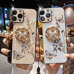 Topwin iPhone 13 Pro Max 6.7'' Kickstand Case - Bling Glitter Marble Pearl, Elegant Rhinestone Diamond (Rose Gold)