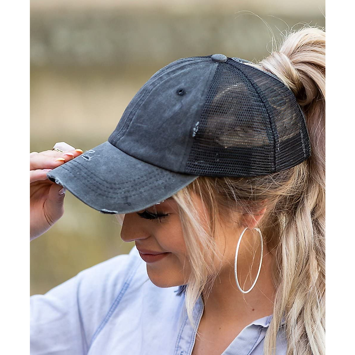 Eohak Distressed Ponytail Hats Baseball for Women Messy-Bun Pony Caps (Black+Grey)