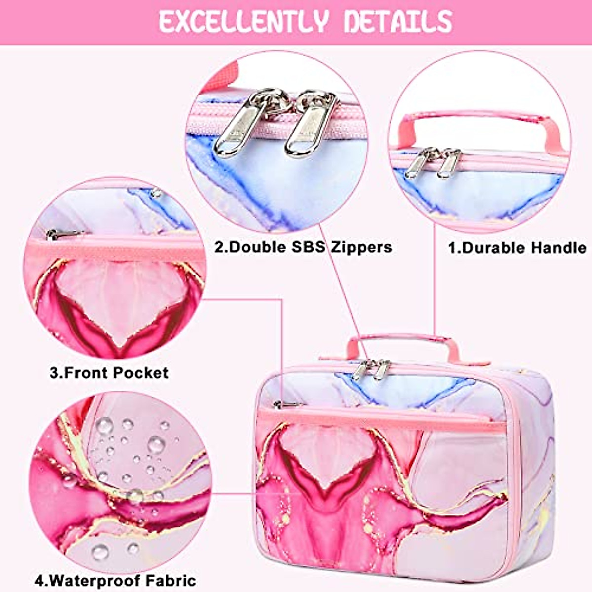 LOIDOU Lunch Box Kids Girls Boys Insulated Lunch Bag Thermal Meal Tote Women Reusable Lunch Pail Bags for School Travel (Marble Pink)