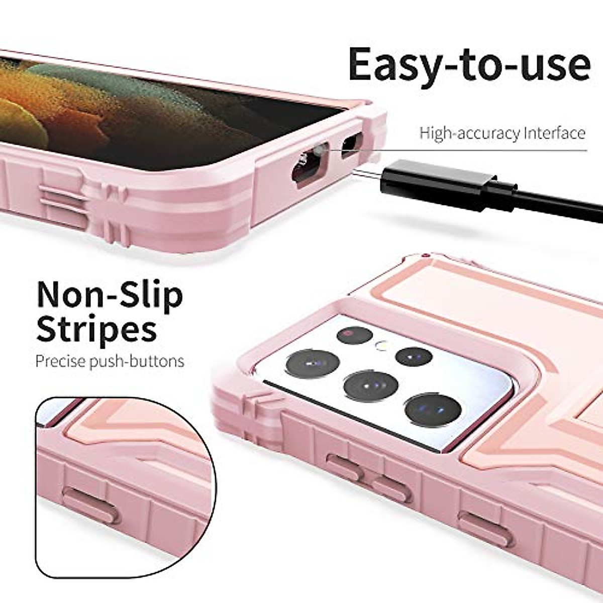 ExoGuard Samsung Galaxy S21 Ultra 5G Case, Rubber Shockproof Full Body Cover Case for Samsung S21 Ultra 5G Phone 6.8 inch, Built-in Kickstand (Pink)