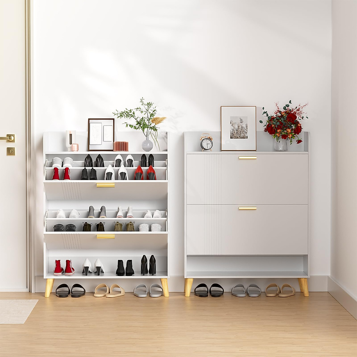 Garden 4 you Shoe Cabinet with 2 Flip Drawers, Freestanding Shoe Cabinet Organizer with Wooden Leg, Narrow Shoes Storage Cabinet for Entryway, Hallway, Living Room, Bedroom (White)