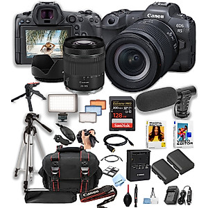 Canon EOS R5 Mirrorless Camera withRF 24-105mm f/4-7.1 STM Lens + 128GB Pro Speed Memory + Led Video Light + Microphone +Case + Tripod + Software Pack-Video Bundle