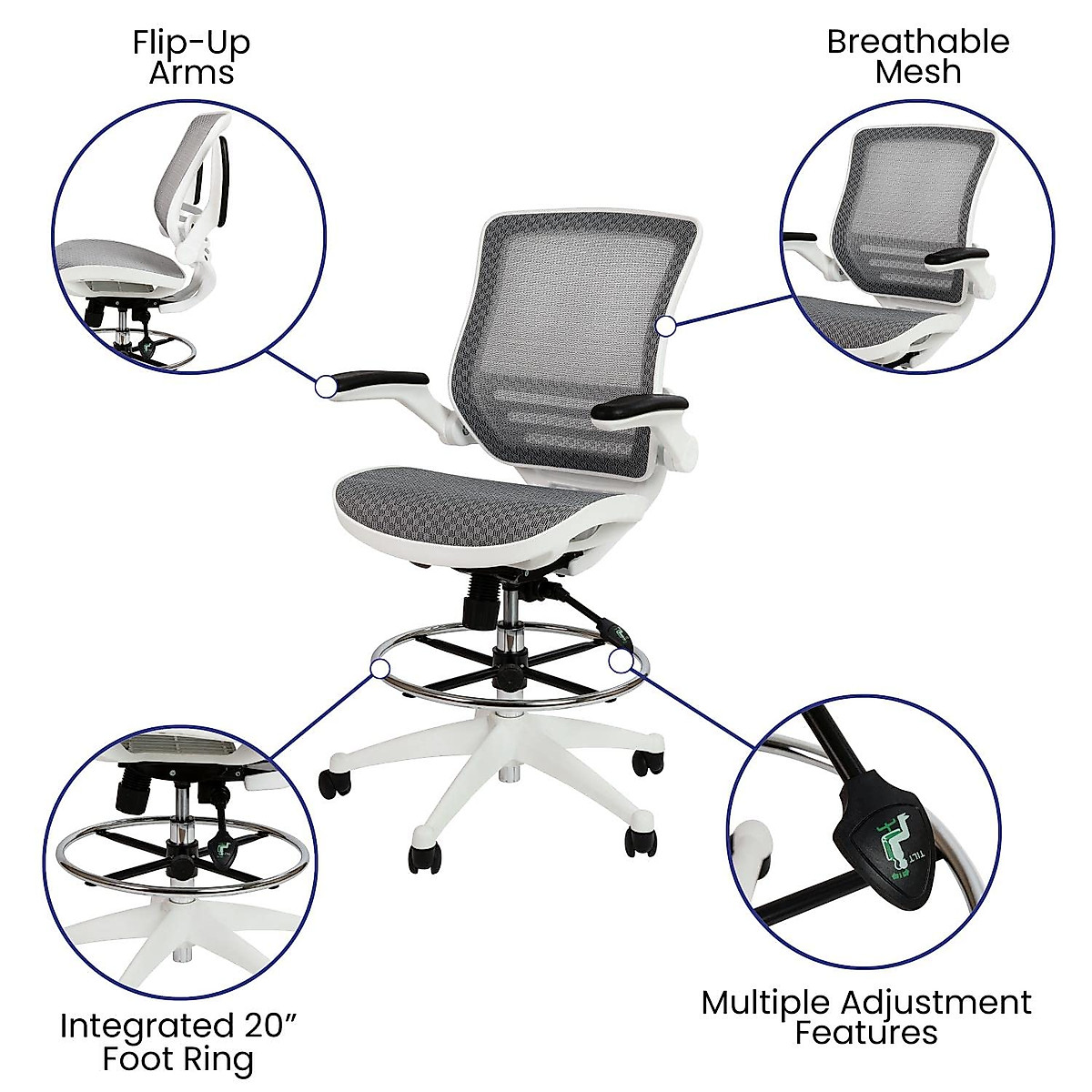 Flash Furniture Waylon Mid-Back Swivel Office Chair with Adjustable Foot Ring and Seat Height, Ergonomic Mesh Chair with Armrests, Gray/White