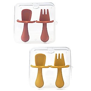 4 Pcs Baby Spoons Self Feeding 6 Months, Silicone Baby Spoons First Stage, Toddler Utensils for Baby Led Weaning with 2 Cases (Caramel, Tumeric)
