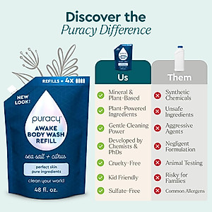 Puracy Body Wash Refill, Natural Body Wash, 98.6% Pure Plant Ingredients, Moisturizing Shower Gel for Women Men Kids, Body Soap for Dry Sensitive Skin Gently Scented with Citrus & Sea Salt, 48 Oz